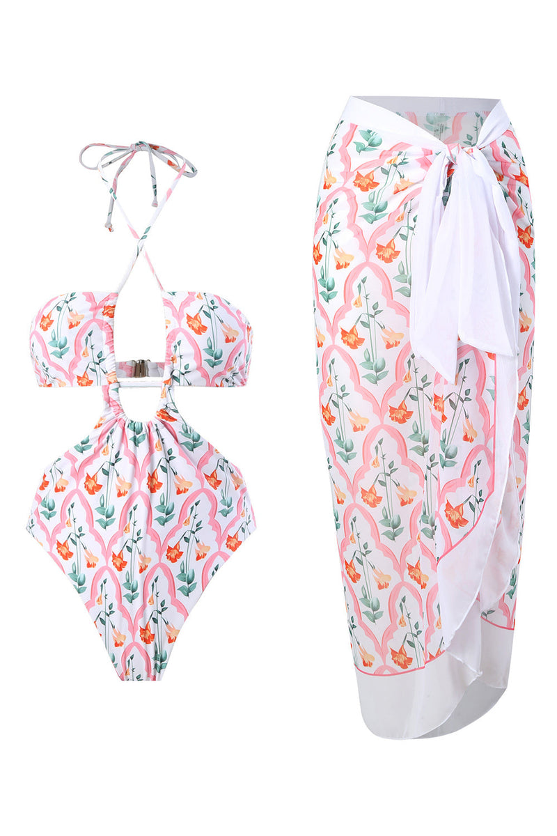 Zapaka Frauen Weißer Badeanzug Neckholder Schlüsselloch Einteiliger Bikini mit Strandrock ...