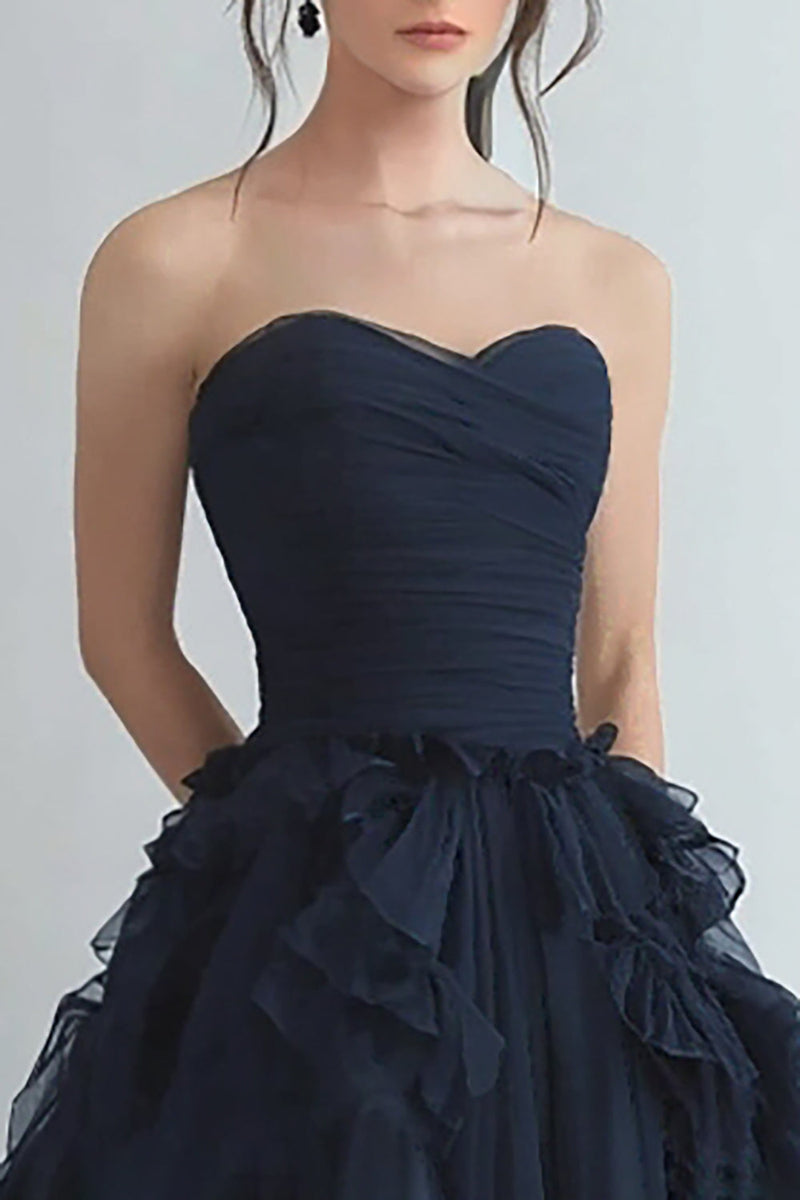 Zapaka Frauen Organza Ballkleid Marineblaues Gestuftes Trägerloses A ...