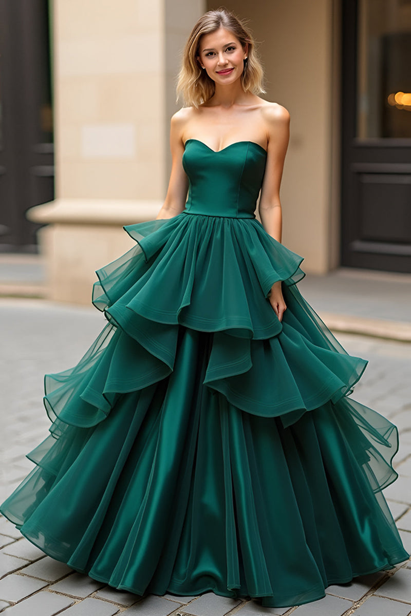 ZAPAKA Frauen Dunkelgrünes Langes Ballkleid A-Linie Trägerloses Rüschen ...