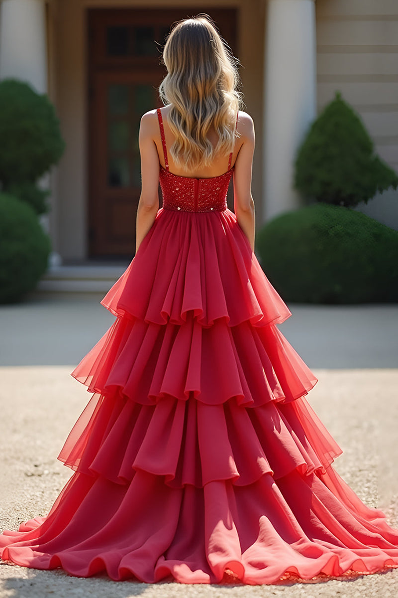 ZAPAKA Frauen Glitzerndes Rotes Langes Ballkleid A-Linie Tiefe V ...