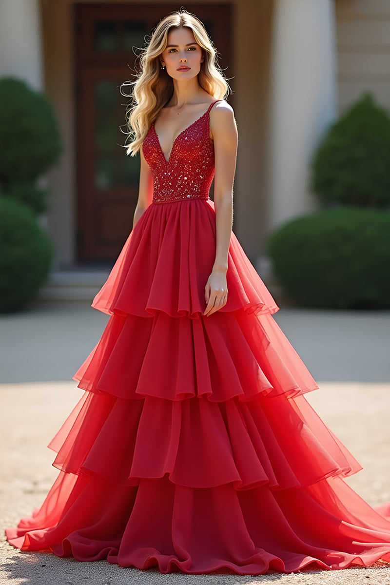 ZAPAKA Frauen Glitzerndes Rotes Langes Ballkleid A-Linie Tiefe V ...