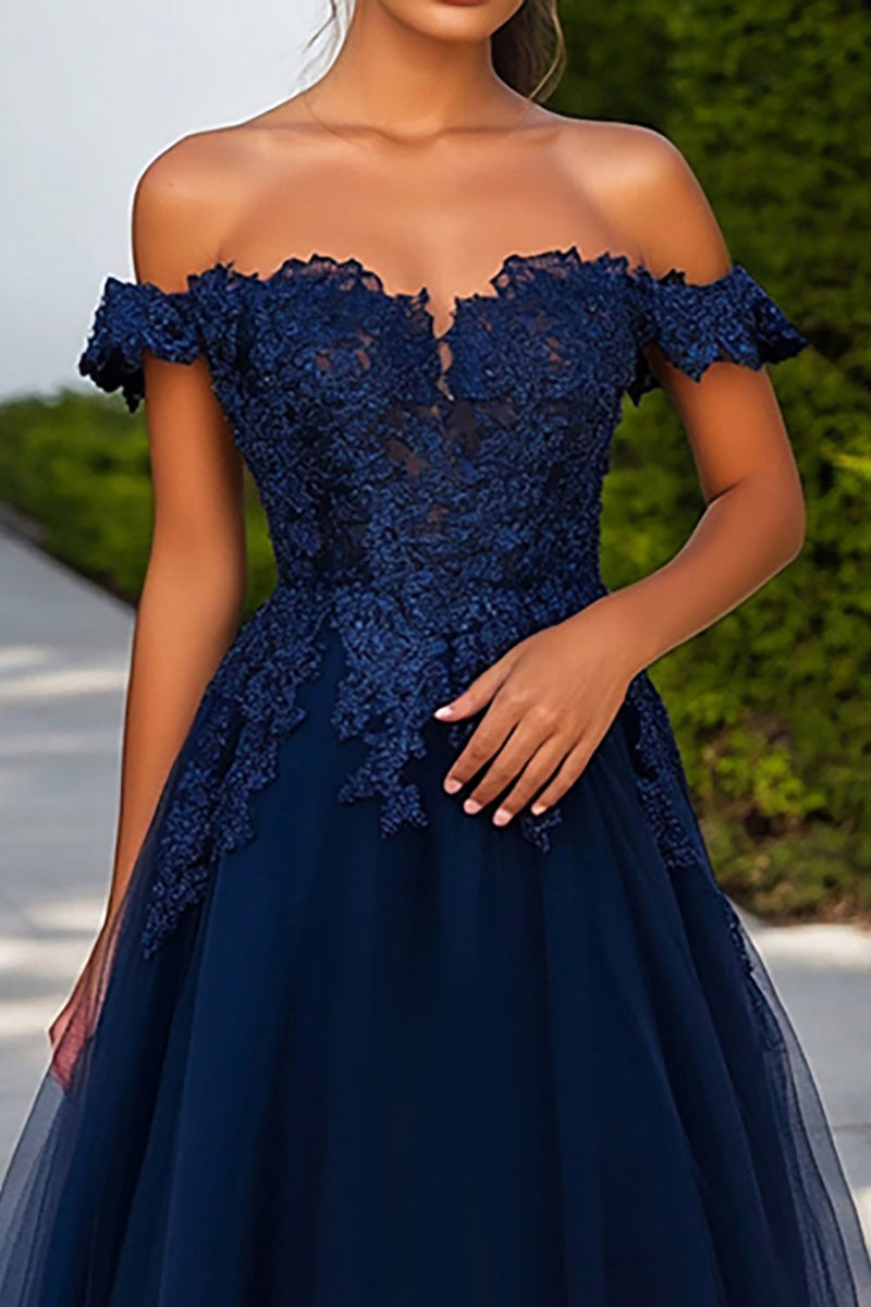 ZAPAKA Damen Marineblaues Ballkleid mit Applikationen Schulterfreies ...