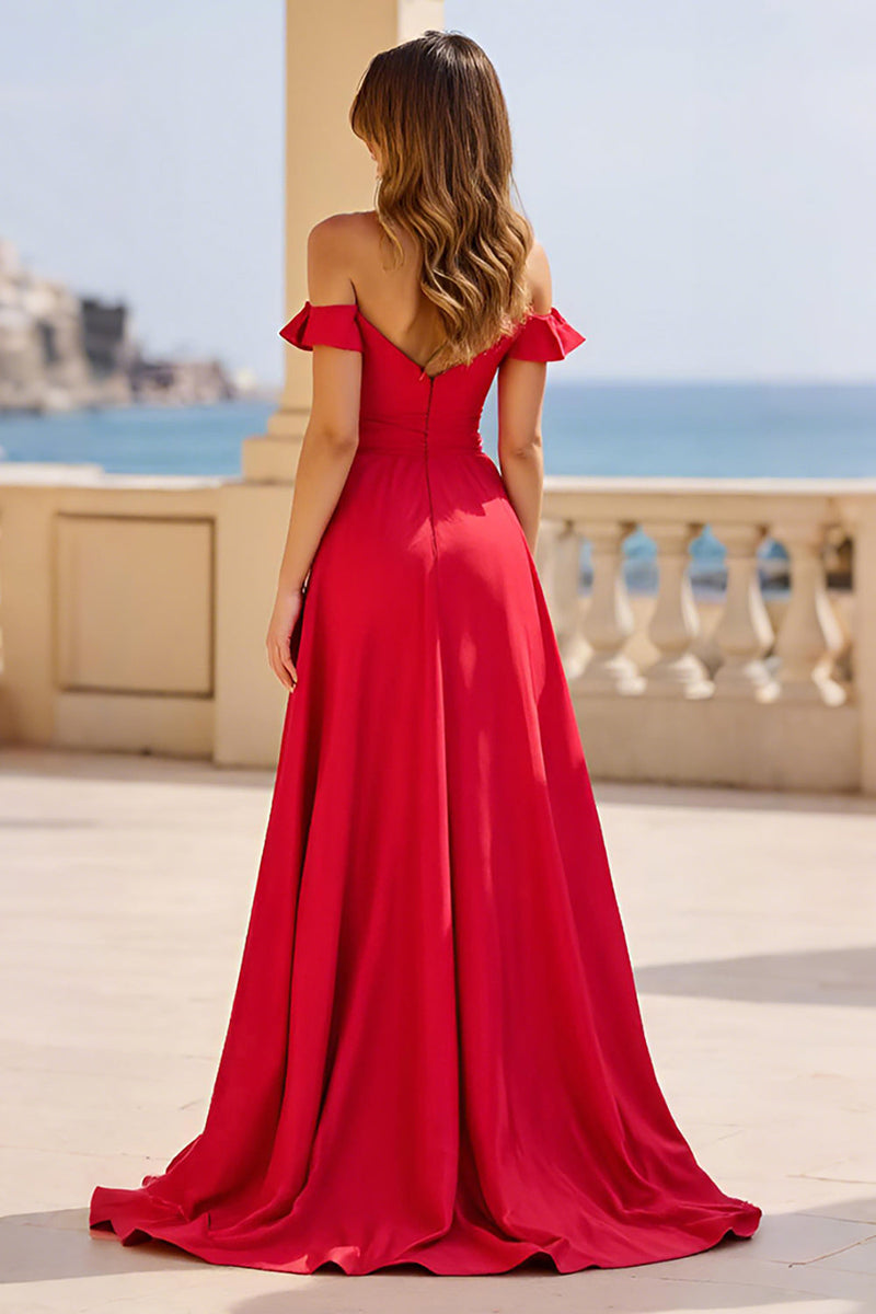 Zapaka Frauen Rotes Satin Langes Ballkleid mit Schlitz A Linie ...