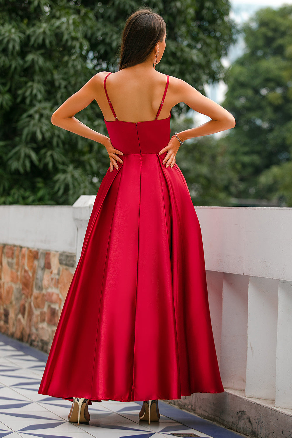 Zapaka 2020 Lang A-Linie V-Ausschnitt Satin Rot Ball Party Abendkleid ...