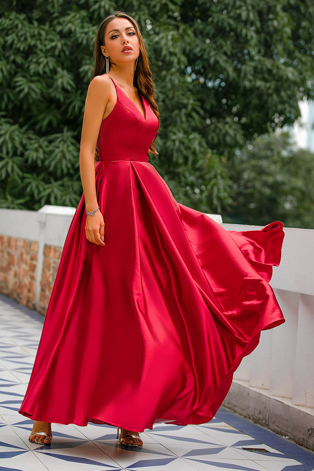 Zapaka 2020 Lang A-Linie V-Ausschnitt Satin Rot Ball Party Abendkleid ...