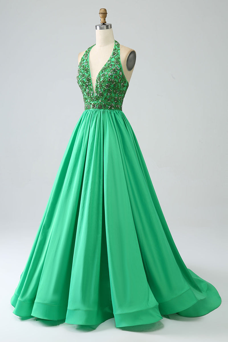 ZAPAKA Damen Grünes Ballkleid mit perlen Satin A-Linie Neckholder ...